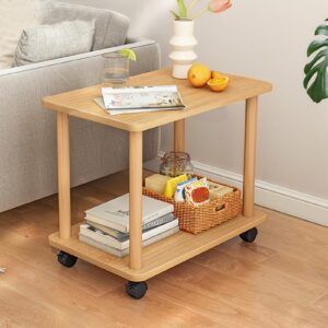 Altsuceser Small Table, 2 Tier Open Shelf End Table with Wheel, Kitchen Storage Cart, Wood Rolling Sofa Side Table for Living Room Bedroom Small Spaces Wooden Color