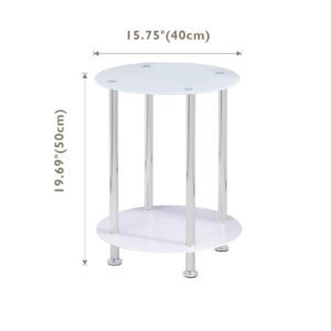 ROOIOME 2-Tier 15.75" Glass Round End Table, Glass Sofa Side Table with Storage Shelf for Living Room, Bedroom, White