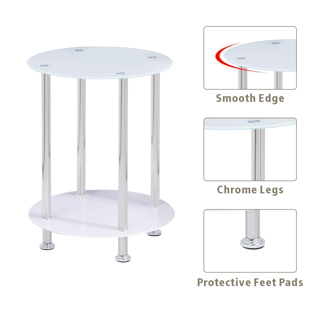 ROOIOME 2-Tier 15.75" Glass Round End Table, Glass Sofa Side Table with Storage Shelf for Living Room, Bedroom, White