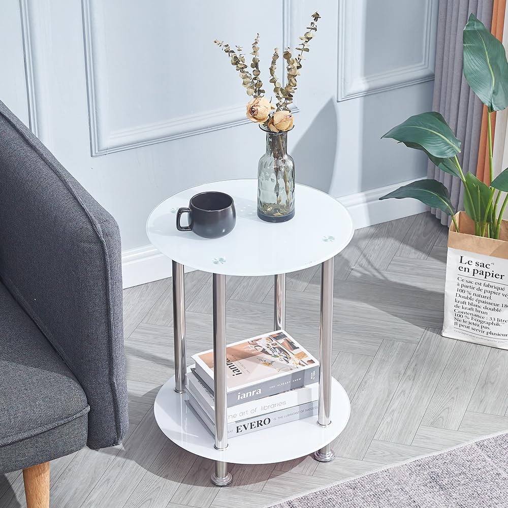 ROOIOME 2-Tier 15.75" Glass Round End Table, Glass Sofa Side Table with Storage Shelf for Living Room, Bedroom, White