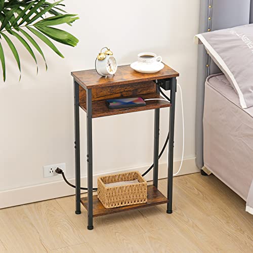 AMHANCIBLE Narrow Side Table with Charging Station, Small End Tables for Small Spaces, 3 Tier Slim Night Stand Set 2, Skinny Sofa Beside Table with Storage Shelf, Rustic Brown, HETN03BR