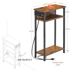 AMHANCIBLE Narrow Side Table with Charging Station, Small End Tables for Small Spaces, 3 Tier Slim Night Stand Set 2, Skinny Sofa Beside Table with Storage Shelf, Rustic Brown, HETN03BR