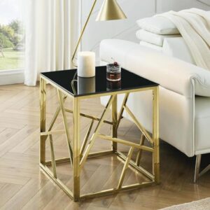 black side table small end table with mirrored stainless steel metal base, square tempered glass end table with storage modern side table, living room end table narrow long side table night stand