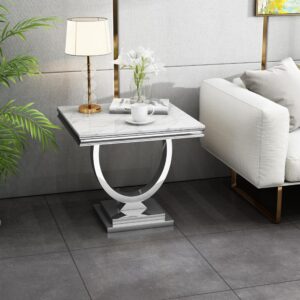 modern white faux marble end table, luxury square sofa side table, mid century elegant end bedside table with mirrored silver stainless steel pedestal base for living room bedroom couch