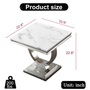 Modern White Faux Marble End Table, Luxury Square Sofa Side Table, Mid Century Elegant End Bedside Table with Mirrored Silver Stainless Steel Pedestal Base for Living Room Bedroom Couch