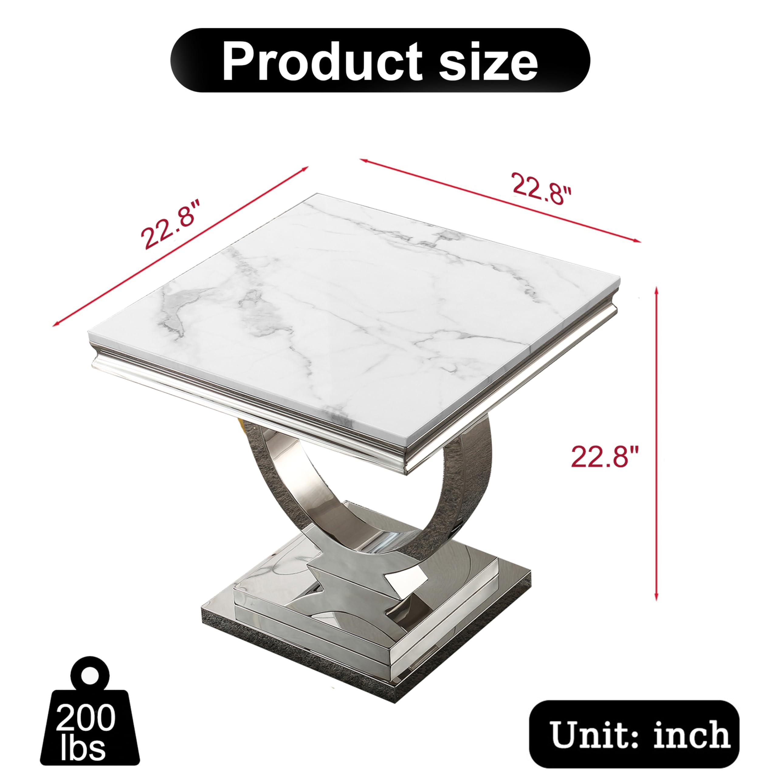 Modern White Faux Marble End Table, Luxury Square Sofa Side Table, Mid Century Elegant End Bedside Table with Mirrored Silver Stainless Steel Pedestal Base for Living Room Bedroom Couch