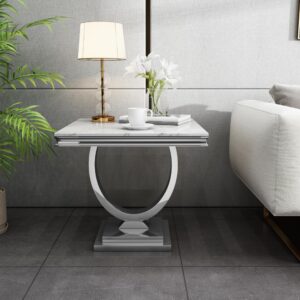 Modern White Faux Marble End Table, Luxury Square Sofa Side Table, Mid Century Elegant End Bedside Table with Mirrored Silver Stainless Steel Pedestal Base for Living Room Bedroom Couch