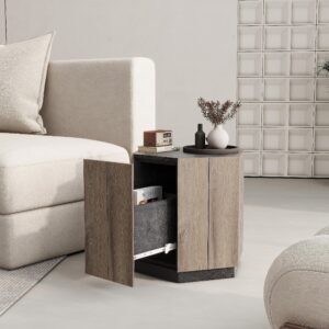 Tidyard Hexagonal Rural Style Garden Retro with Drawer Living Room Corner Table Textured Black and Warm Oak Sofa End Side Table, Bedside Nightstand for Living Room Bedroom Kitchen Bathroom