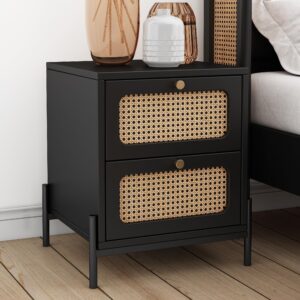 Yiwa Modern End Table with 2 Drawers, Table Side, Rattan Wood Nightstand for Bedroom Living Room Black