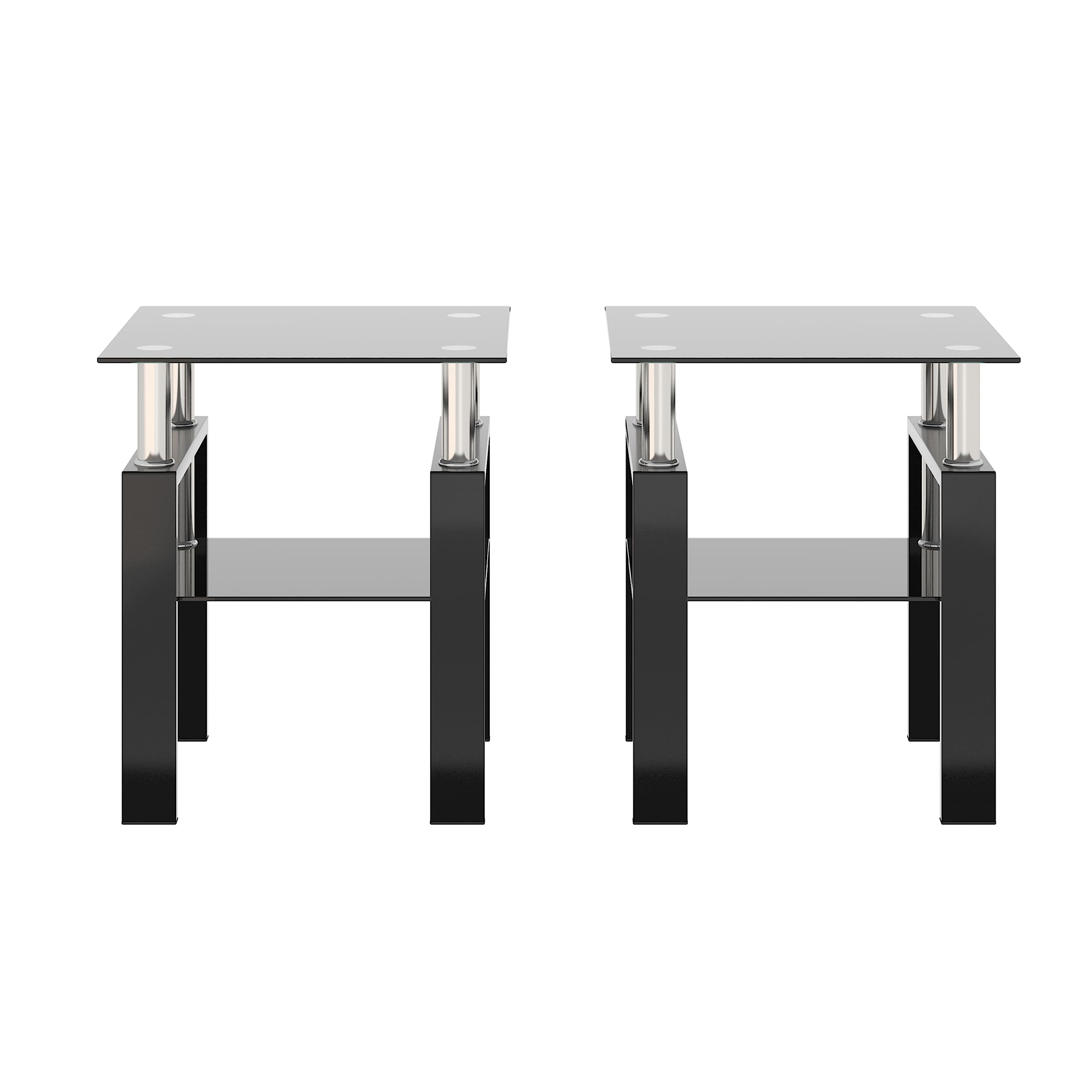 HESIEU Modern Tempered Glass End Table Set of 2 Side Table Made of Tempered Glass and Metal Legs Nightstand Sofa Side Table Suitable for Living Room, Bedroom Dining Room (Black)