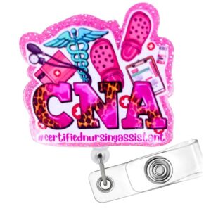 cna badge reel for certified nurse assistant holder retractable with id clip; bling glitter cna accessories essentials supplies with alligator clip for office hospital work nurses gifts