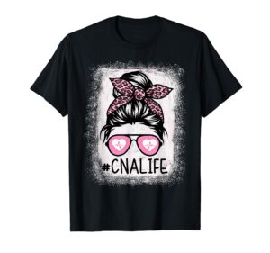 cna nurse life bleached shirts pink leopard messy bun womens t-shirt