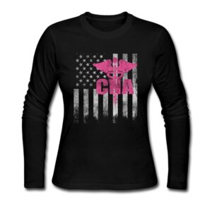 roungo woman cna flag - american flag cotton comfort long-sleeve t-shirts crew-neck