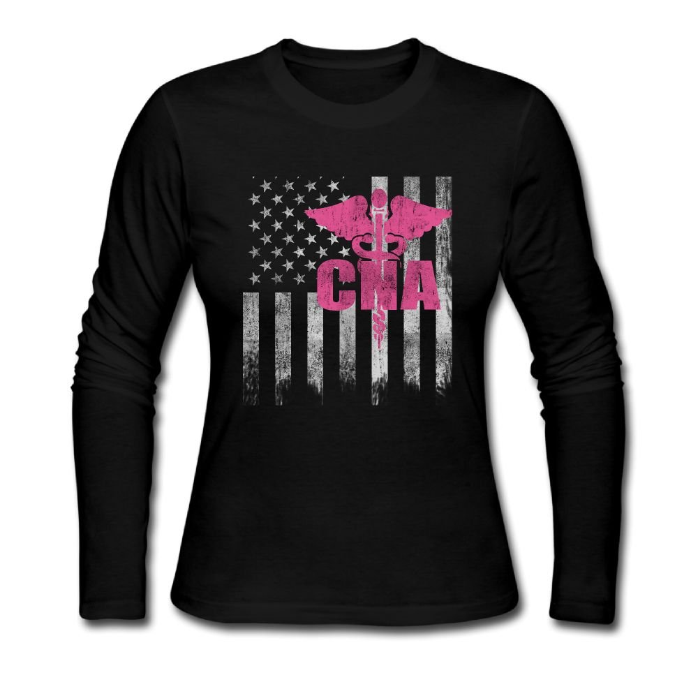 ROUNGO Woman CNA Flag - American Flag Cotton Comfort Long-Sleeve T-Shirts Crew-Neck