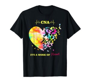 cna it's a work of heart butterfly nurse t-shirt