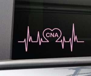 cna certified nursing assistant heartbeat vinyl decal laptop car truck bumper window sticker, 8" x 3.25", pink