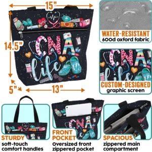 84hoods 15 inch Large Tote Bag for Work for Women. Shoulder Bag Gift for CNA Nurse. Waterproof Cute Graphic Aesthetic Bag with Pockets and Zipper Galaxy Pattern.