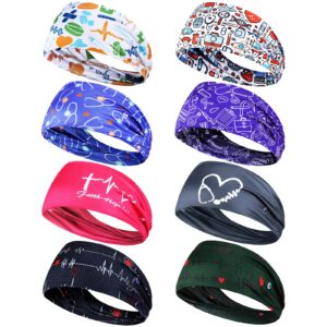 willbond 8 pieces nursing headbands with buttons for nurses doctors women face covering ear protection holder non slip elastic hair bands wide head wraps for spa yoga sports workout (sweet patterns)