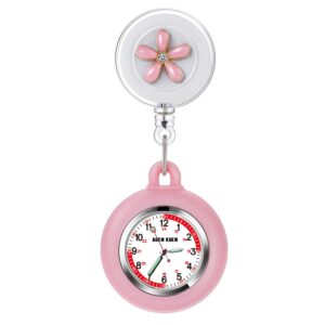 agen kgen 3x retractable nurse watch for nurses doctors, clip-on hanging lapel nurse watch silicone cover brooch fob pocket watch badge reel (pink)