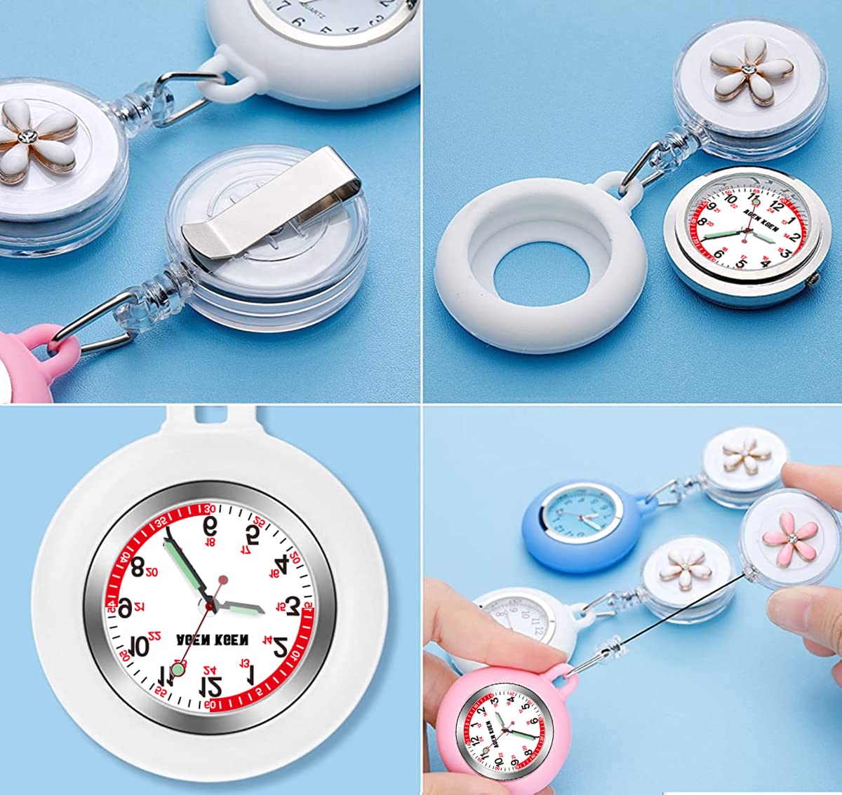 AGEN KGEN 3X Retractable Nurse Watch for Nurses Doctors, Clip-on Hanging Lapel Nurse Watch Silicone Cover Brooch Fob Pocket Watch Badge Reel (Pink)