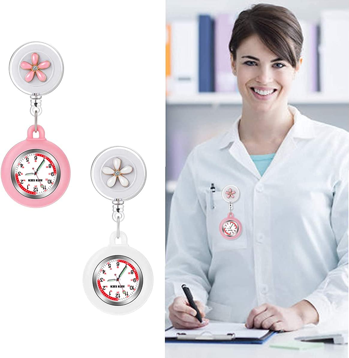 AGEN KGEN 3X Retractable Nurse Watch for Nurses Doctors, Clip-on Hanging Lapel Nurse Watch Silicone Cover Brooch Fob Pocket Watch Badge Reel (Pink)