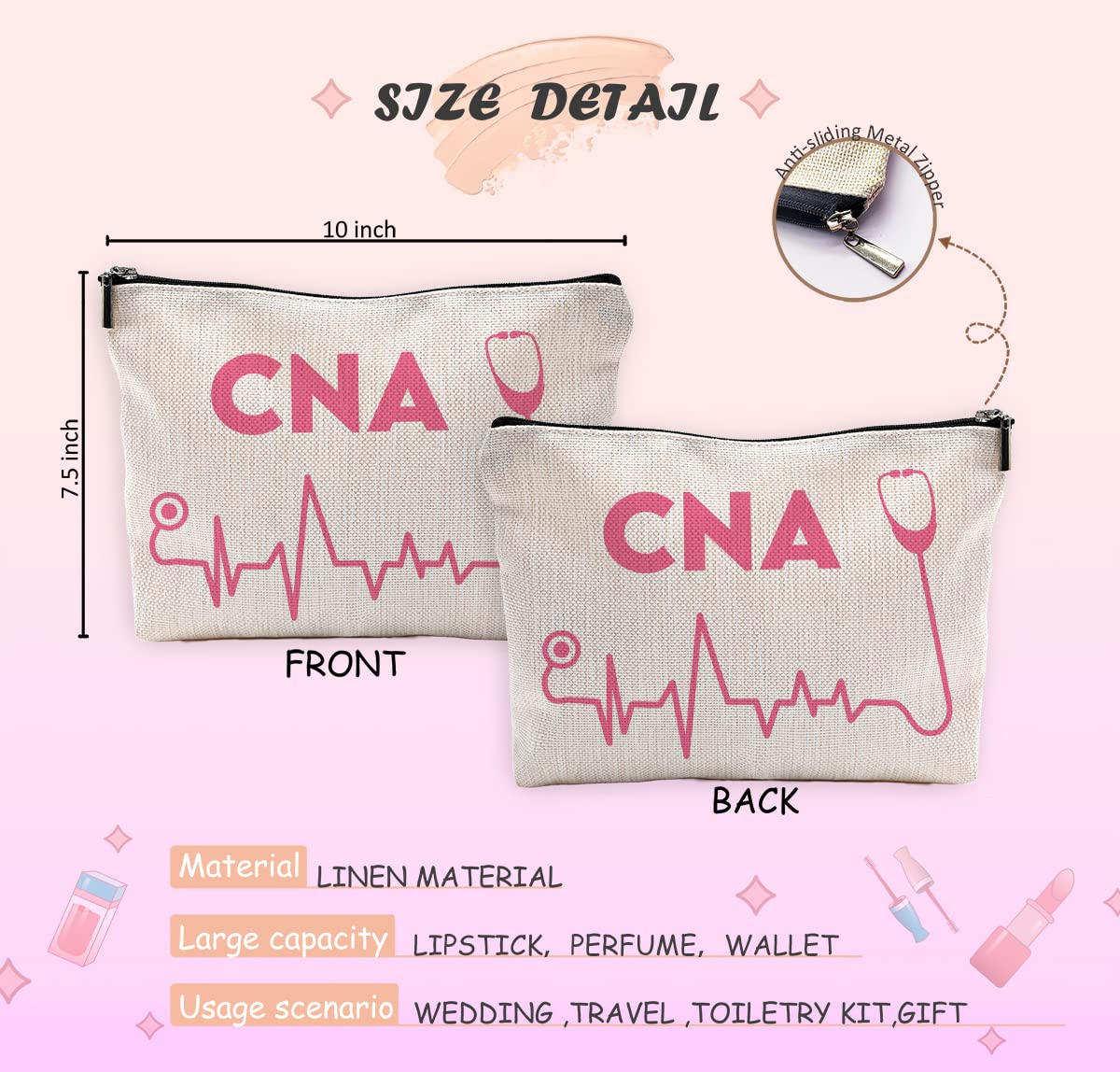 Pink CNA Certified Nursing Assistant Makeup Bag Travel Cosmetic Bags for Women Girls,Retro 70s Groovy Cosmetic Bags with Zipper Pouch Travel Toiletry Case,CNA Medical Student Gift,CNA Week Gift