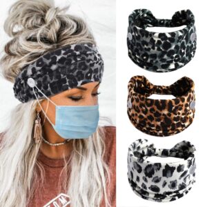 aceorna boho button headband wide knotted hairbands stretch nurse headbands women head wraps workout ear saver hair band leopard turban headwear yoga hair accessories for women and girls 3 pcs (set a)