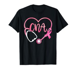 cna heart stethoscope pink ribbon breast cancer awareness t-shirt