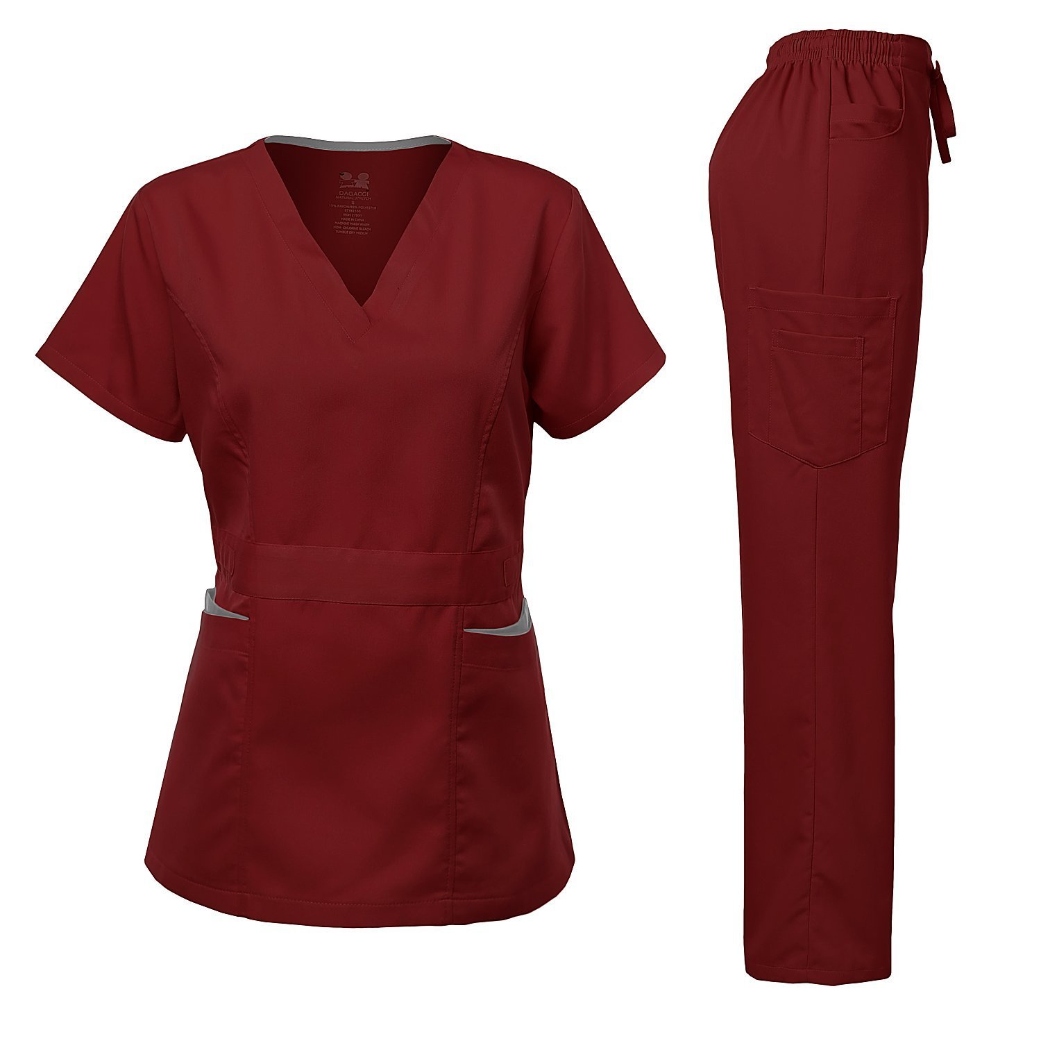 Dagacci Medical Uniform Women's Scrubs Set Stretch Contrast Pocket Burgundy XXL