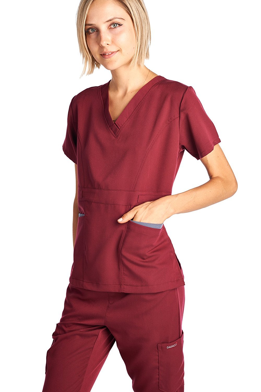 Dagacci Medical Uniform Women's Scrubs Set Stretch Contrast Pocket Burgundy XXL