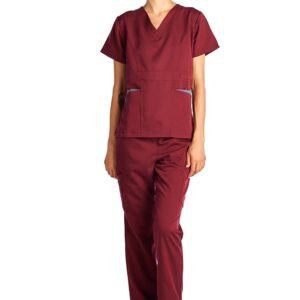 Dagacci Medical Uniform Women's Scrubs Set Stretch Contrast Pocket Burgundy XXL