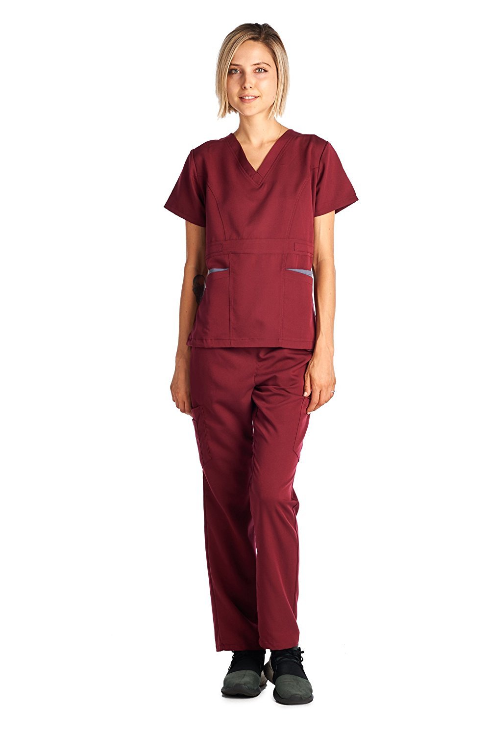 Dagacci Medical Uniform Women's Scrubs Set Stretch Contrast Pocket Burgundy XXL