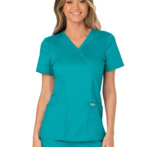 Cherokee Scrubs for Women Mock Wrap Top with 3 Pocket, Back Princess Seams WW610, L, Teal Blue