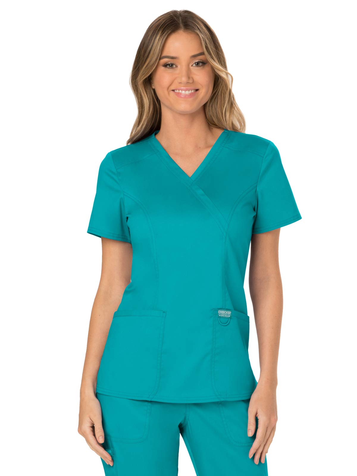 Cherokee Scrubs for Women Mock Wrap Top with 3 Pocket, Back Princess Seams WW610, L, Teal Blue