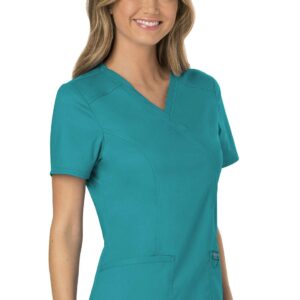 Cherokee Scrubs for Women Mock Wrap Top with 3 Pocket, Back Princess Seams WW610, L, Teal Blue