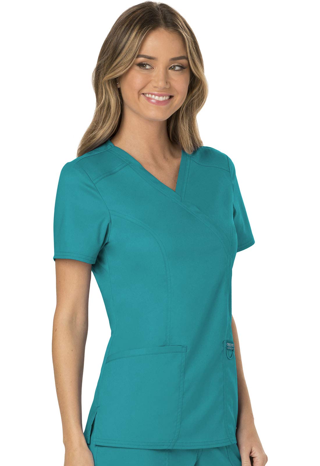 Cherokee Scrubs for Women Mock Wrap Top with 3 Pocket, Back Princess Seams WW610, L, Teal Blue