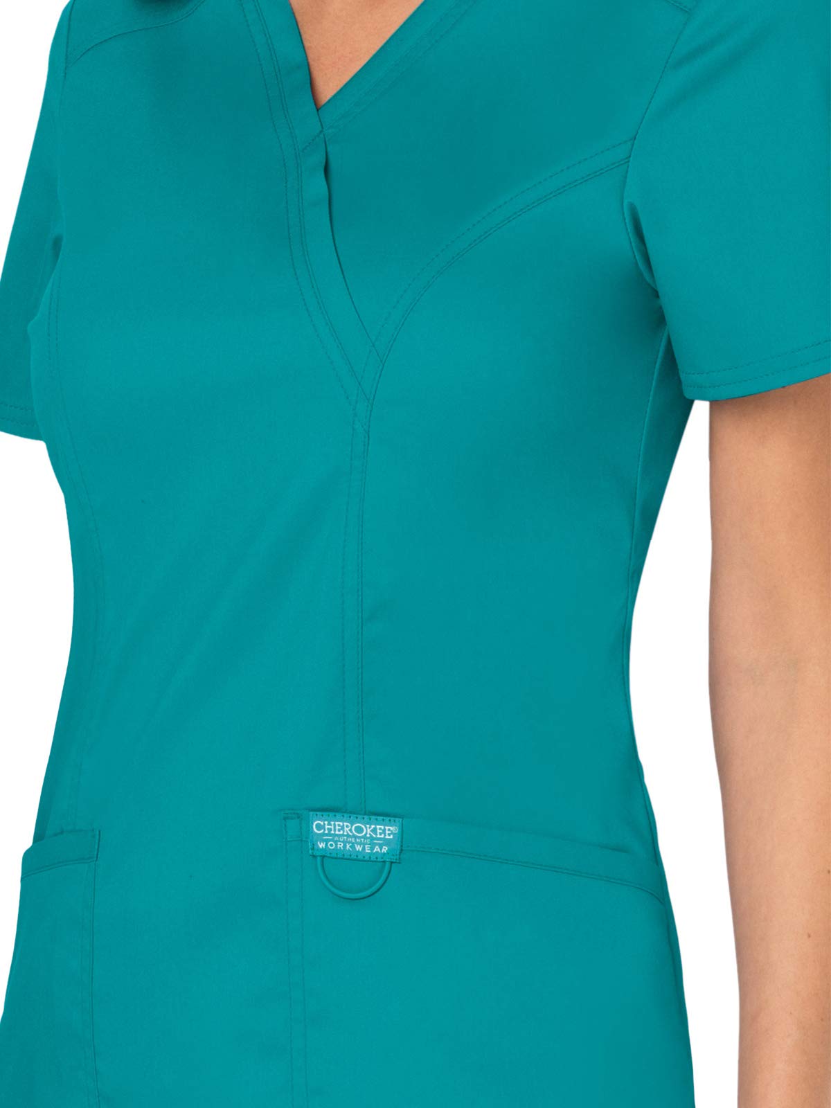 Cherokee Scrubs for Women Mock Wrap Top with 3 Pocket, Back Princess Seams WW610, L, Teal Blue