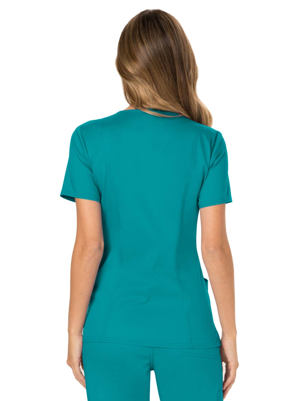 Cherokee Scrubs for Women Mock Wrap Top with 3 Pocket, Back Princess Seams WW610, L, Teal Blue