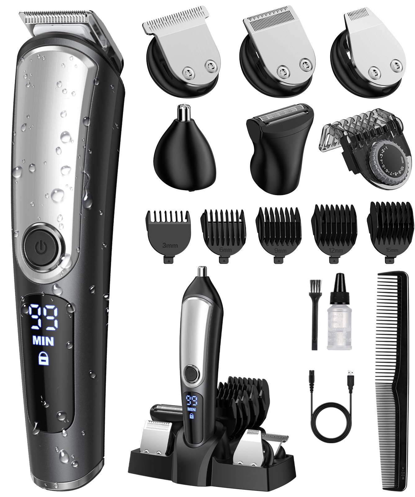 Beard Trimmer for Men, Electric Razor Shavers for Men Face, Cordless Rechargeable Waterproof Mens Grooming Kit, Mustache Nose Body Hair Trimmer Clipper, LED Display, Gifts for Men Fathers Boys