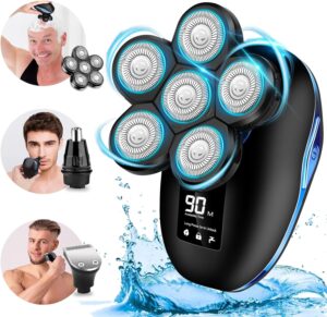 6 in 1 electric rotary shaver for bald men - cordless wet/dry ipx7 waterproof with led display and shaver kit