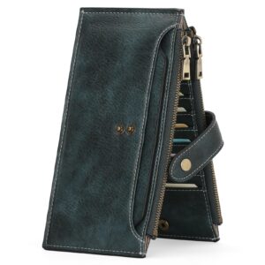 goiacii womens walllet rfid blocking leather bifold credit card holder with 2 zipper pockets blue black