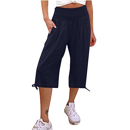 Sales Today Clearance Prime only Womens Scrub Pants Women's High Waisted Capris Solid Slacks Knee Length Casual Loose Wide Leg Capri Palazzo Pants Trousers with Pockets Dark Blue 2XL