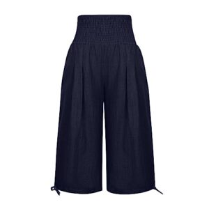 Sales Today Clearance Prime only Womens Scrub Pants Women's High Waisted Capris Solid Slacks Knee Length Casual Loose Wide Leg Capri Palazzo Pants Trousers with Pockets Dark Blue 2XL