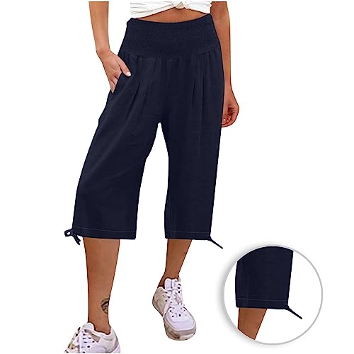 Sales Today Clearance Prime only Womens Scrub Pants Women's High Waisted Capris Solid Slacks Knee Length Casual Loose Wide Leg Capri Palazzo Pants Trousers with Pockets Dark Blue 2XL