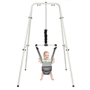 hapbabe 2 in 1 baby jumper with stand, baby walking harness function, premium spring, for infant 6-12 months, easy to fold and storage, grey