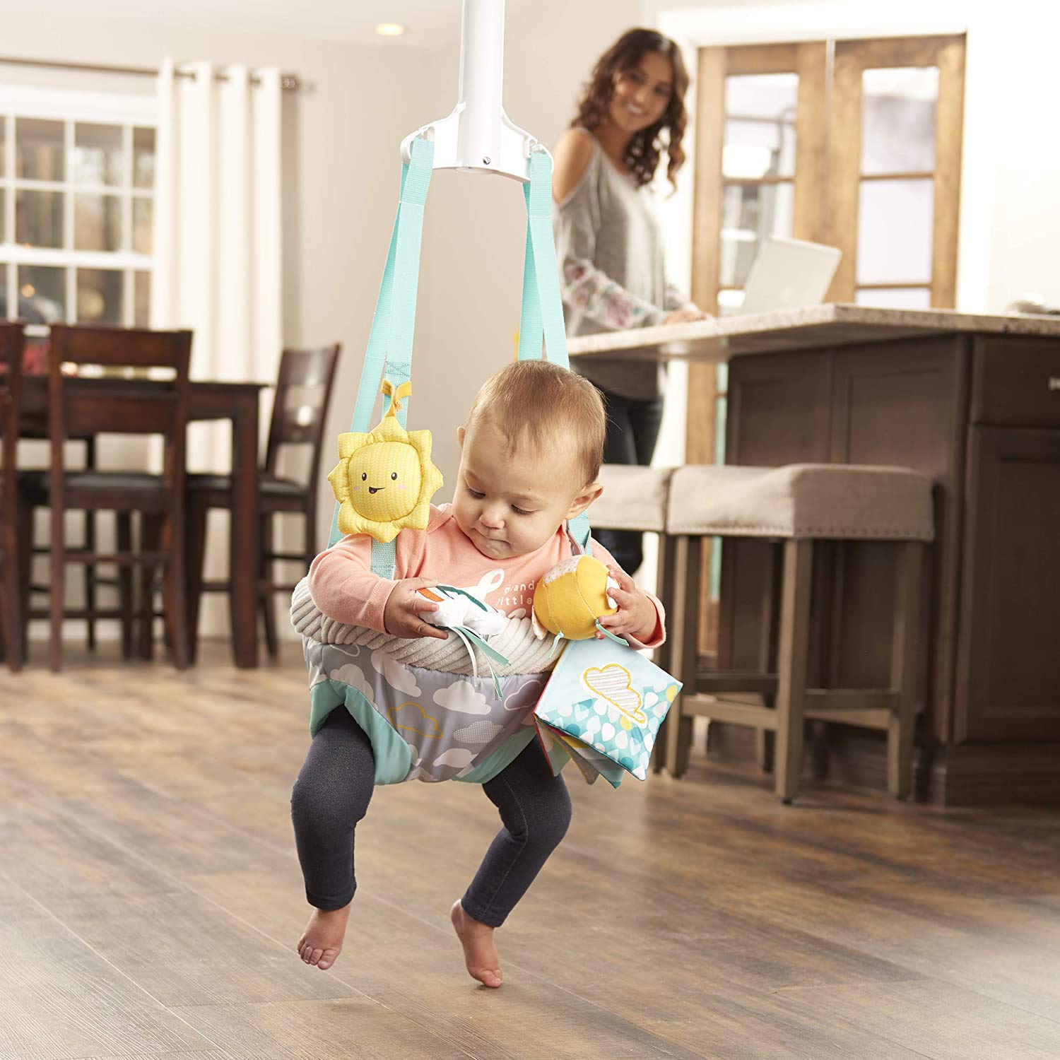 Evenflo Exersaucer Baby Hanging Clampable Doorway Jumper with 4 Removable Toys, Peek a Boo Flip -Book, and Mirror, Sweet Skies