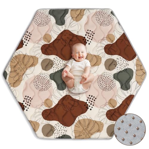 Blissful Diary Hexagon Playpen Mat,52x48 Thicken Soft Playpen Mat fits Regalo Portable Play Yard 48 Inch and Hiccapop 53" PlayPod Playpen,Washable Baby Play Mat for Infants Toddler Kids,Boho Design