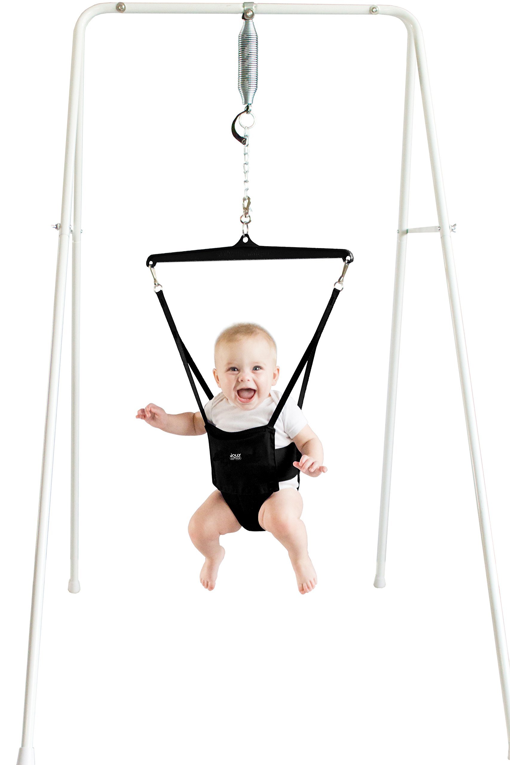 Jolly Jumper **CLASSIC** - Black Saddle- The Original Jolly Jumper with stand. Trusted by parents to provide fun for babies and to create cherished memories for families for over 75 years.