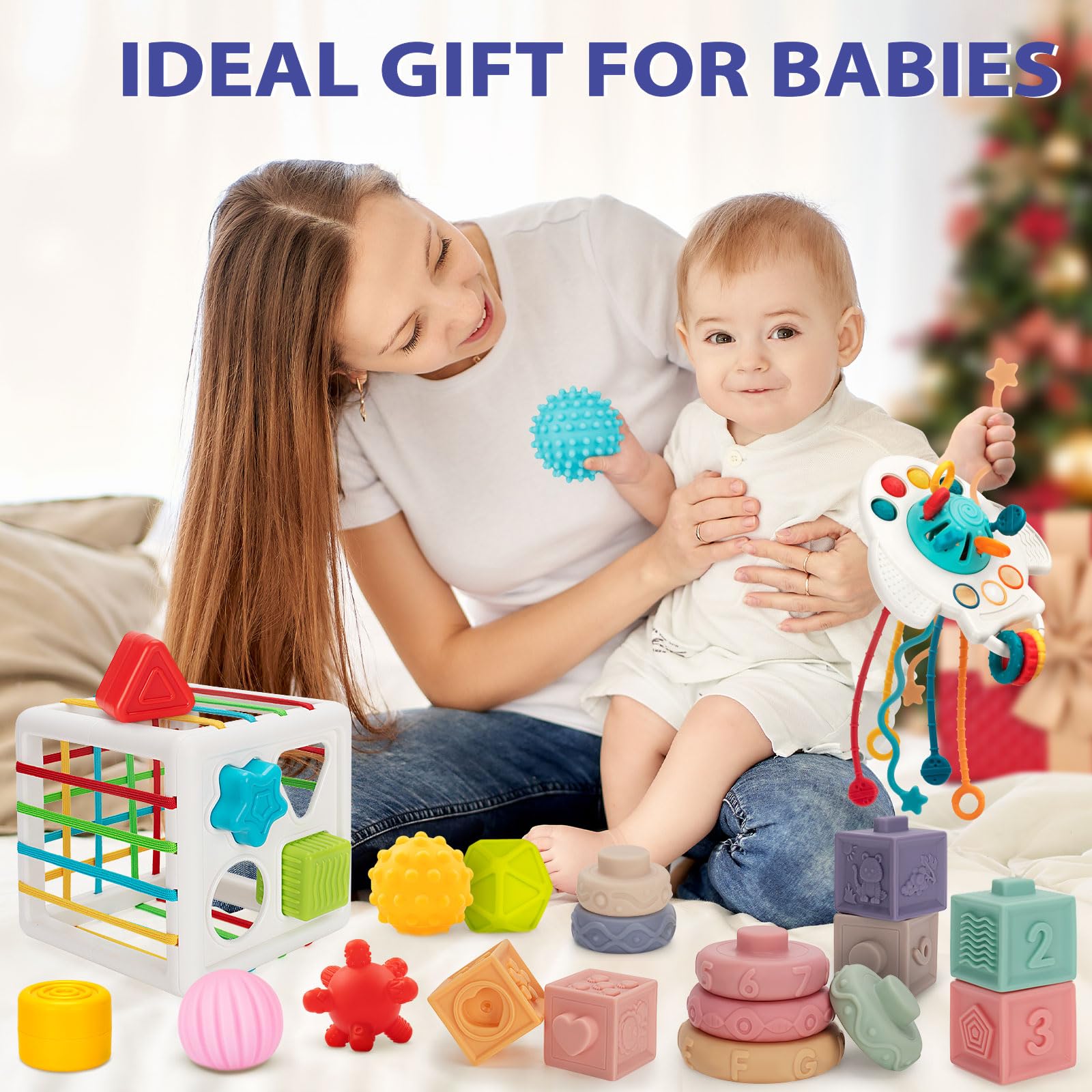 Baby Toys 6 to 12 Months, 5 In 1 Montessori Toys for 1 Year Old, Incl Travel Pull String Toy & Shape Sorter & Stacking Baby Block & Soft Infant Ring & Sensory Ball for Toddler 0-3-6-9-12 Month