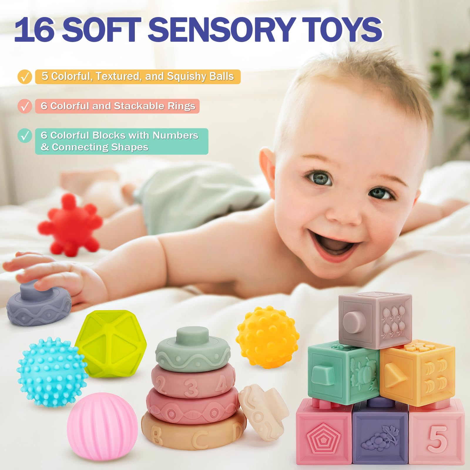 Baby Toys 6 to 12 Months, 5 In 1 Montessori Toys for 1 Year Old, Incl Travel Pull String Toy & Shape Sorter & Stacking Baby Block & Soft Infant Ring & Sensory Ball for Toddler 0-3-6-9-12 Month